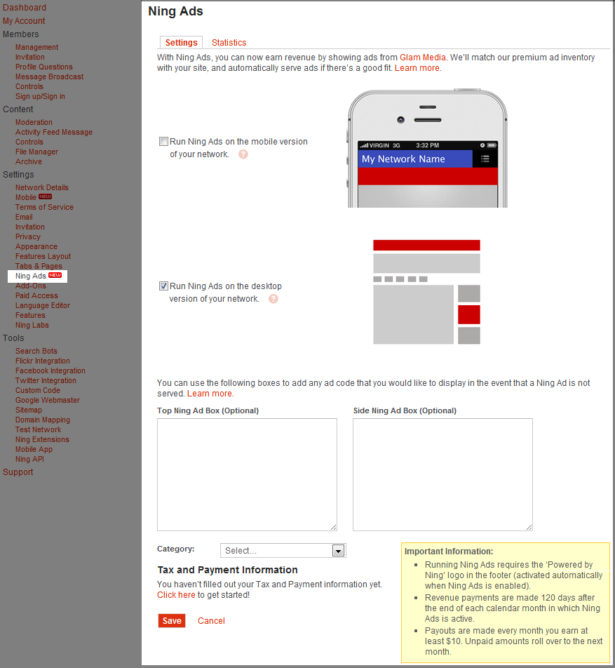 settings | Ning Help Center